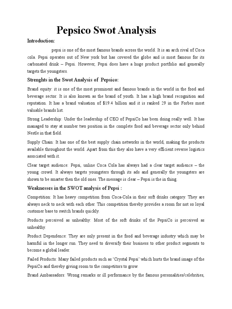 Pepsico Swot Analysis | PDF | Pepsi Co | Cola