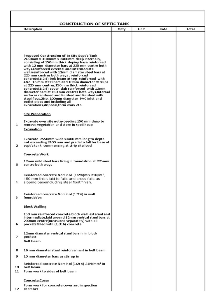 Septic Tank BQ | PDF | Reinforced Concrete | Concrete