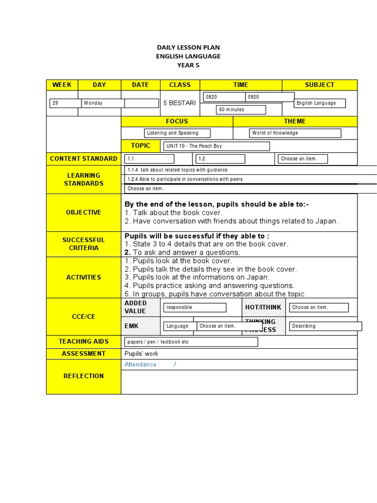 Lesson Plan English Year 6 | PDF | Lesson Plan | Question