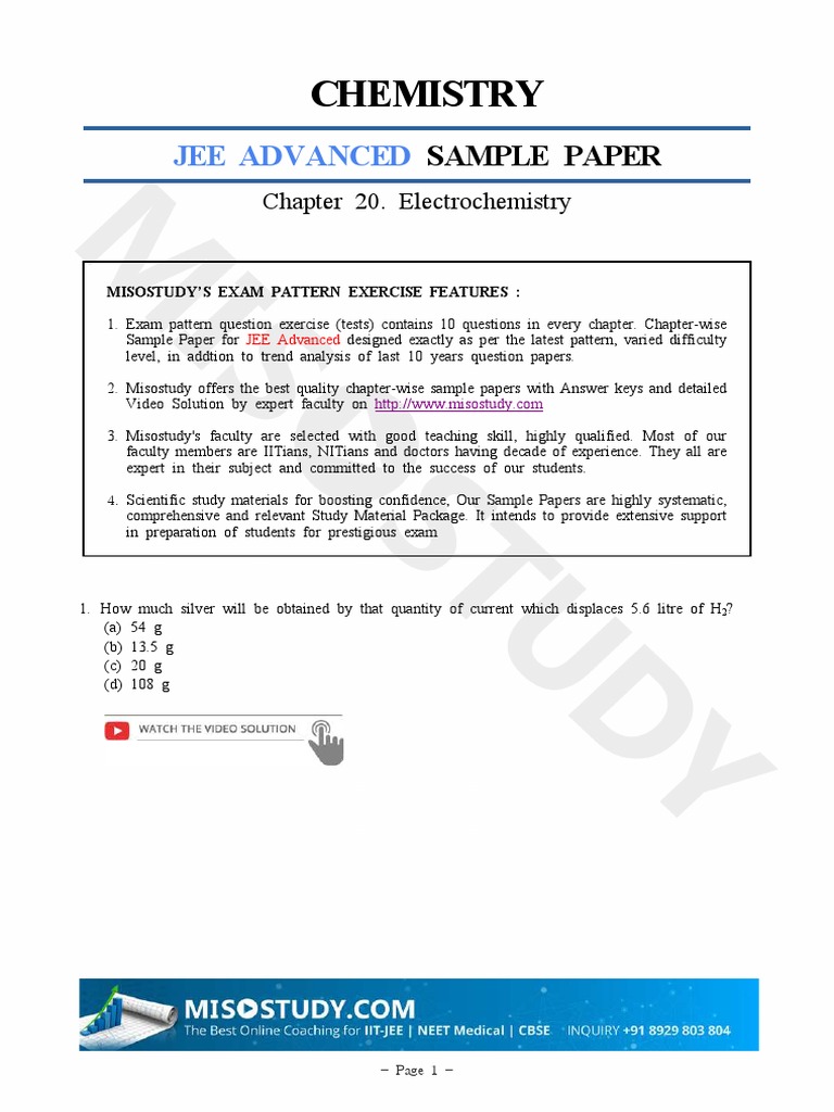 2019 Jee Advanced Sample Paper Chemistry - 20. Electrochemistry PDF ...