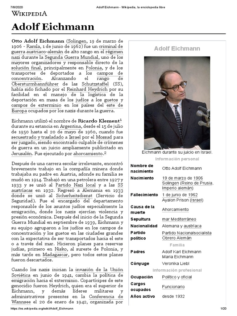Adolf Eichmann - Wikipedia, La Enciclopedia Libre | PDF | Adolf Eichmann | Alemania nazi