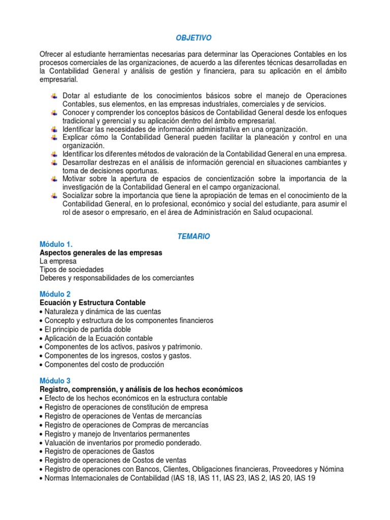 Objetivo - Temario - Metodologia y Evaluacion Contabilidad General | PDF | Contabilidad | Evaluación