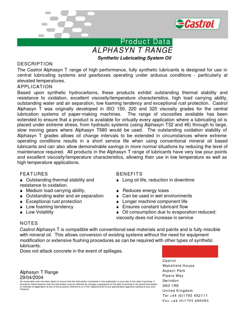 Castrol Alphasyn T-320 | PDF | Lubricant | Viscosity