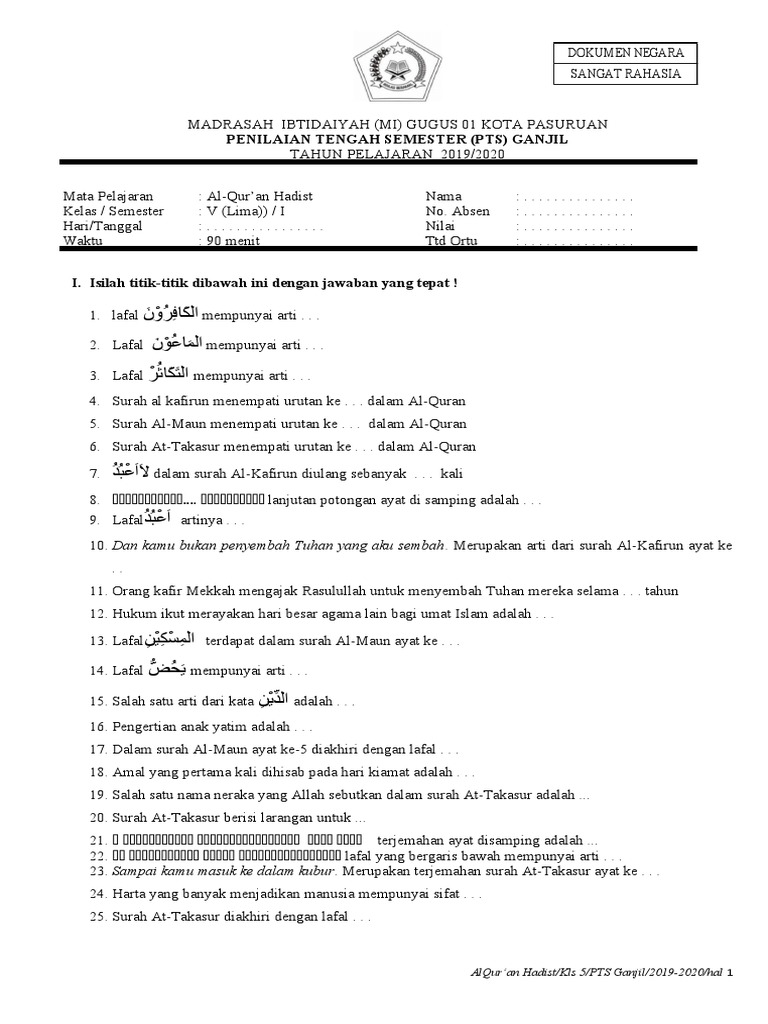 SOAL Qurdis Kls 5 | PDF