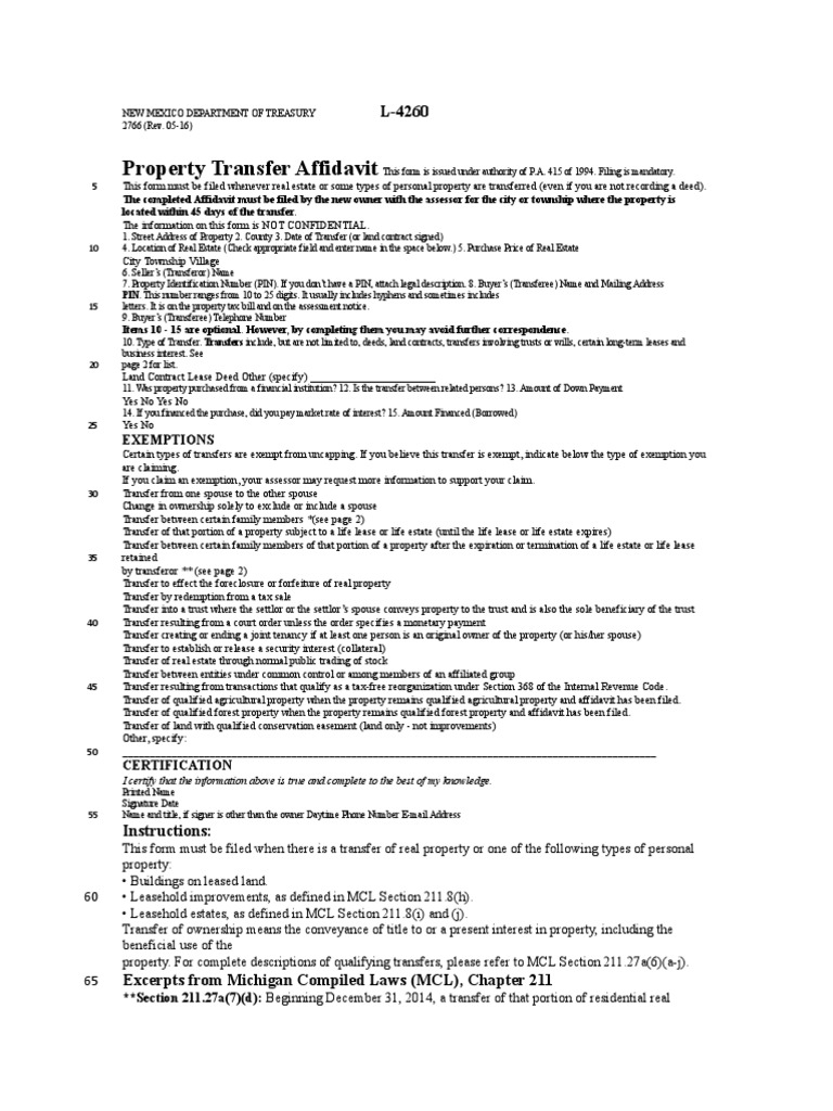 Property Transfer Affidavit | PDF | Lease | Real Estate Law