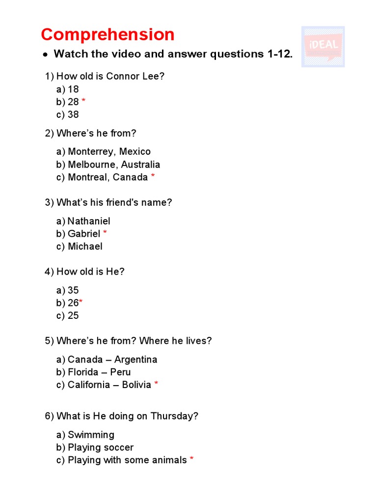 Comprehension: Watch The Video and Answer Questions 1-12 | PDF
