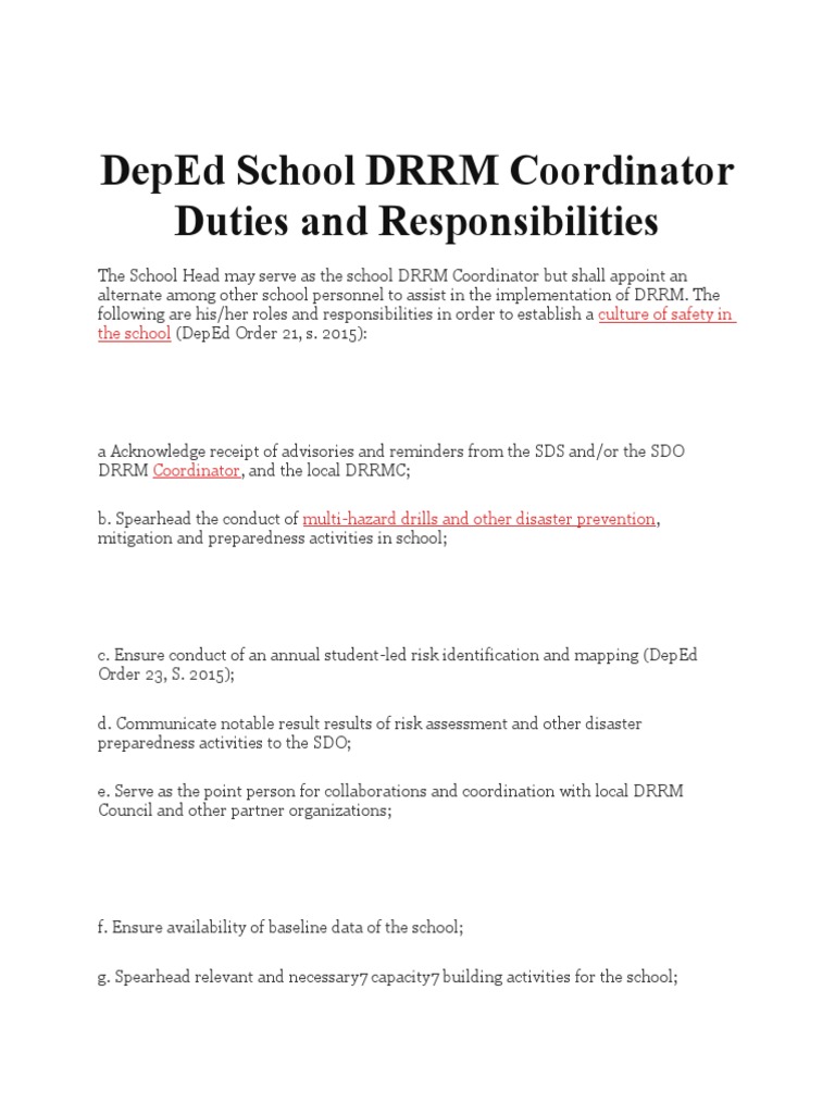 DepEd School DRRM Coordinator Duties and Responsibilities | PDF ...