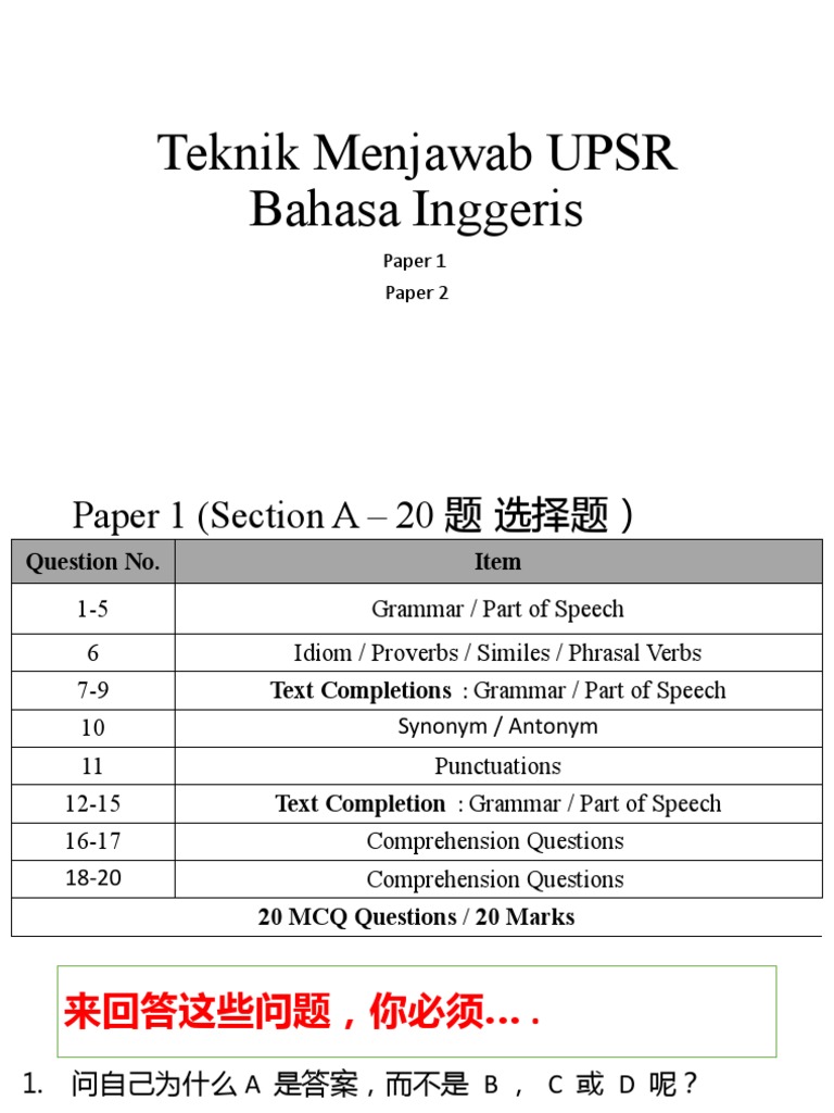 Teknik Menjawab UPSR Bahasa Inggeris 2 | PDF