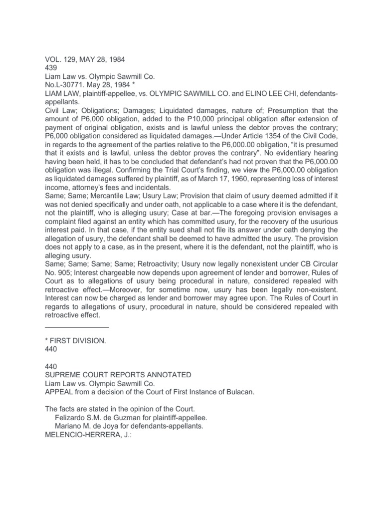 Liam Law vs. Olympic Sawmill Co. ESCRA PDF | PDF | Usury | Lawsuit