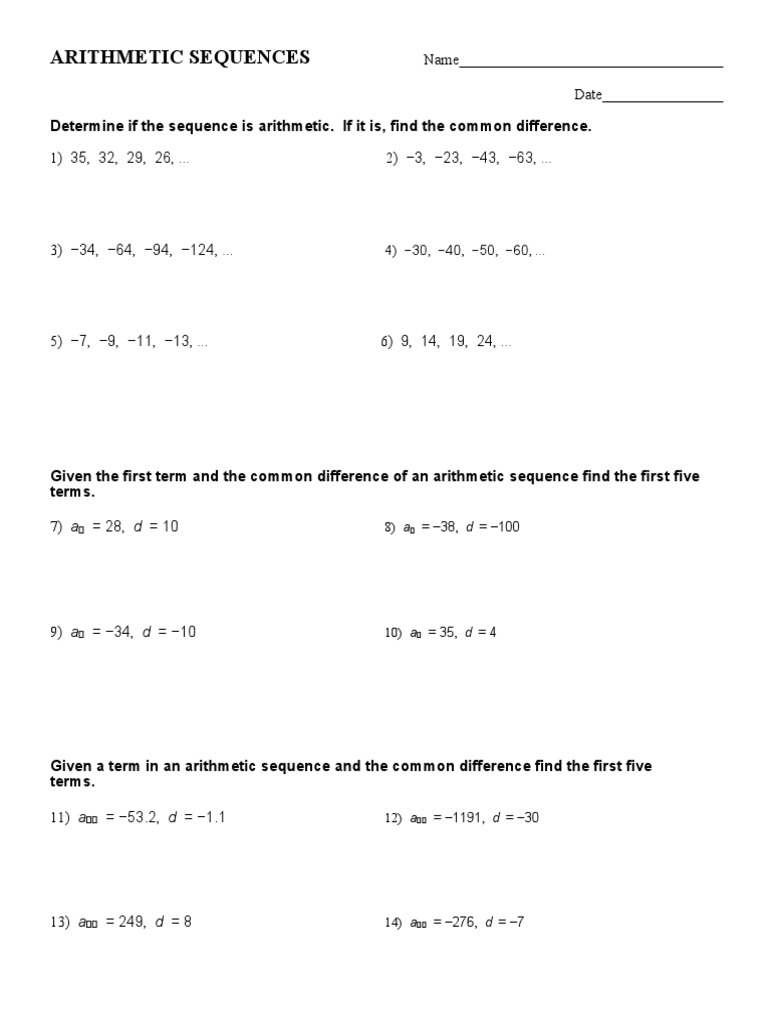 Arithmetic Sequences Worksheet | PDF | Analysis | Mathematical Concepts