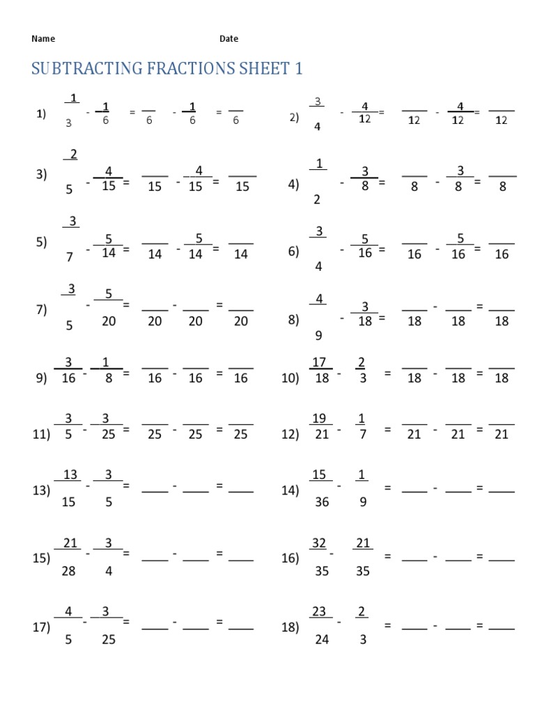 Subtracting Fractions Sheet 1: Name Date | PDF | Teaching Mathematics