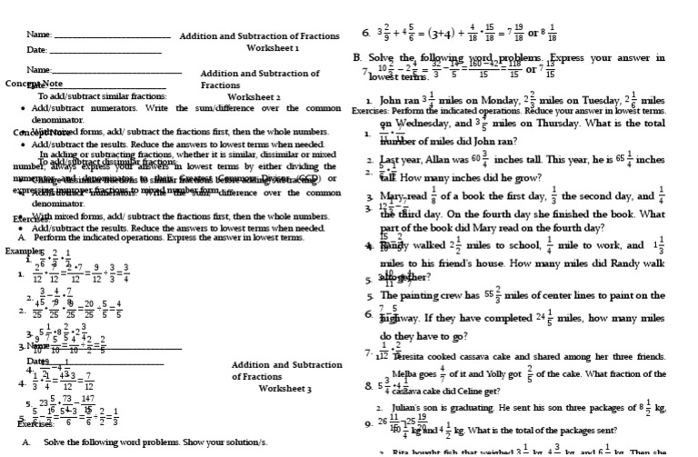 Addition and Subtraction of Fractions Worksheets | PDF | Fraction ...