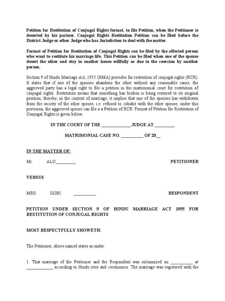 Petition For Restitution of Conjugal Rights Format | PDF | Marriage ...