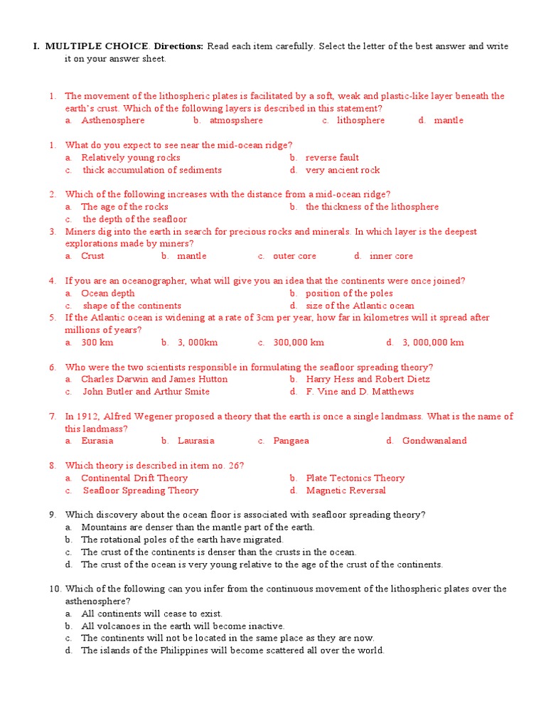 I. MULTIPLE CHOICE. Directions: Read Each Item Carefully. Select The ...