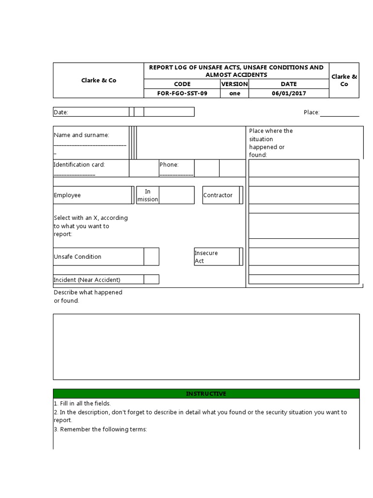 Report Log of Unsafe Acts, Unsafe Conditions and Almost Accidents | PDF ...