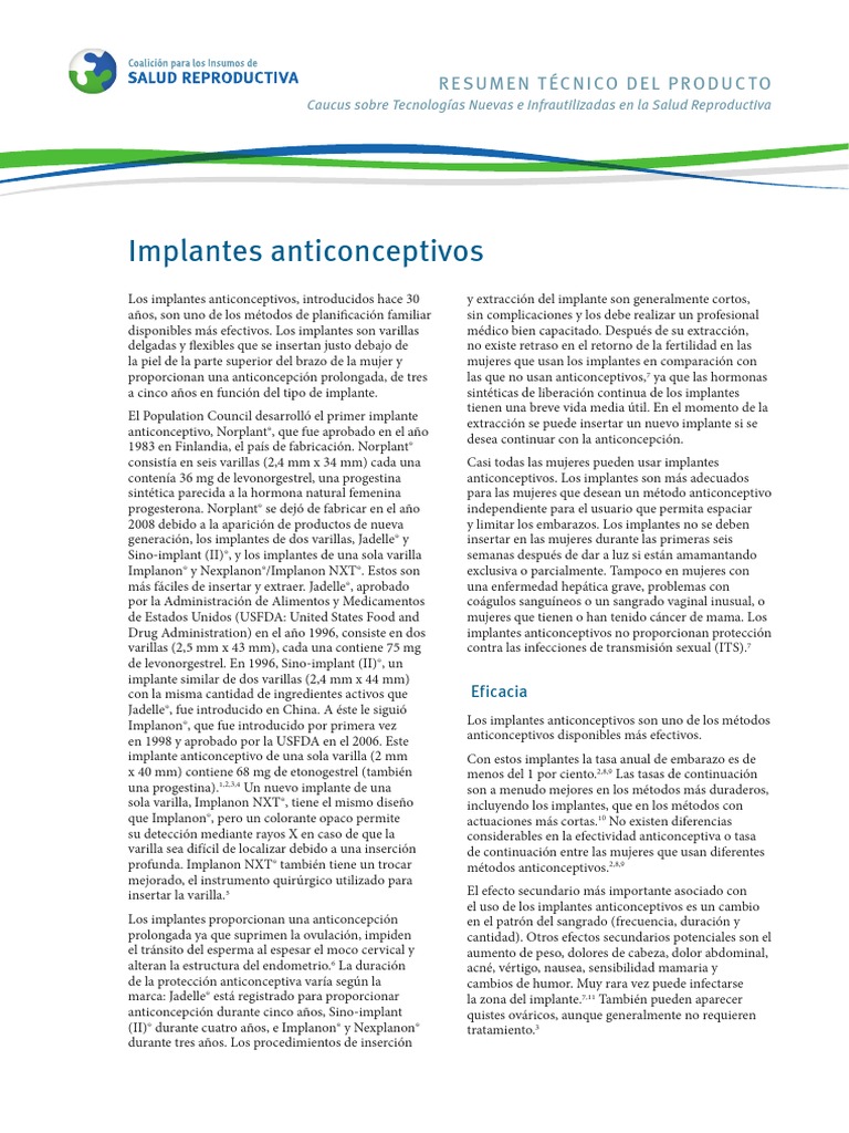 RHSC Brief Contraceptive Implants - A4 - SPANISH | PDF | Control de la ...