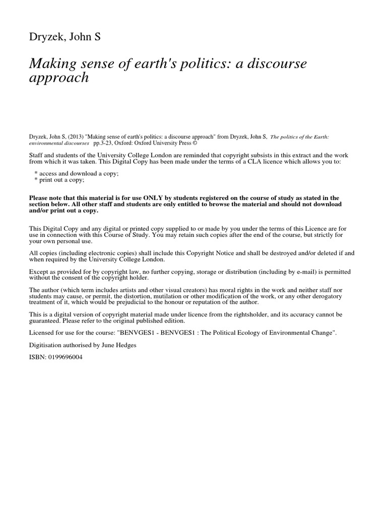 Dryzek-Making Sense of Earth's Politics. A Discourse Approach | PDF