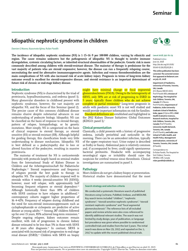 Idiopathic Nephrotic Syndrome in Children | PDF | Kidney | Medical ...
