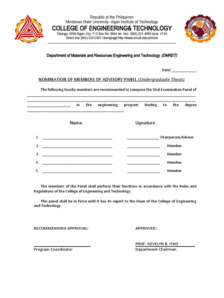 Thesis Form 1 - Nomination of Members of Oral Examination Panel Updated ...