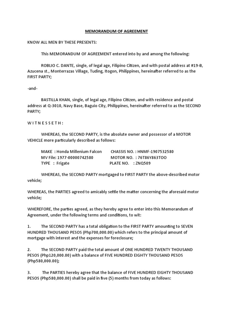 Memorandum of Agreement Sample | PDF | Document | Private Law