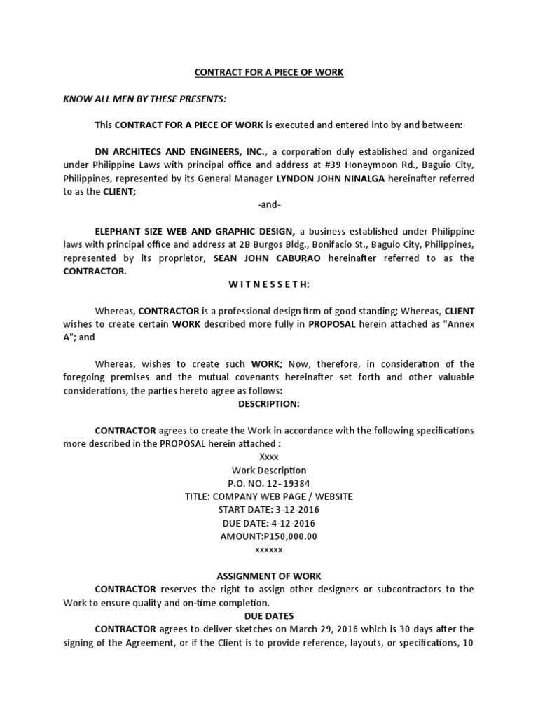 Contract For A Piece of Work Sample | PDF | Indemnity | Private Law