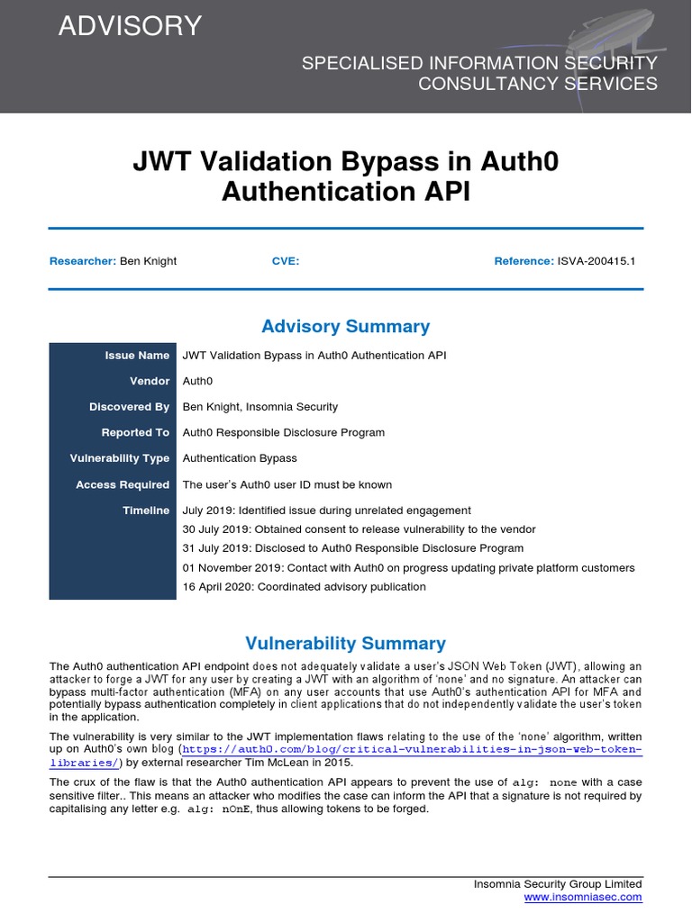 JWT Validation Bypass in Auth0 Authentication API: Specialised Information Security Consultancy ...