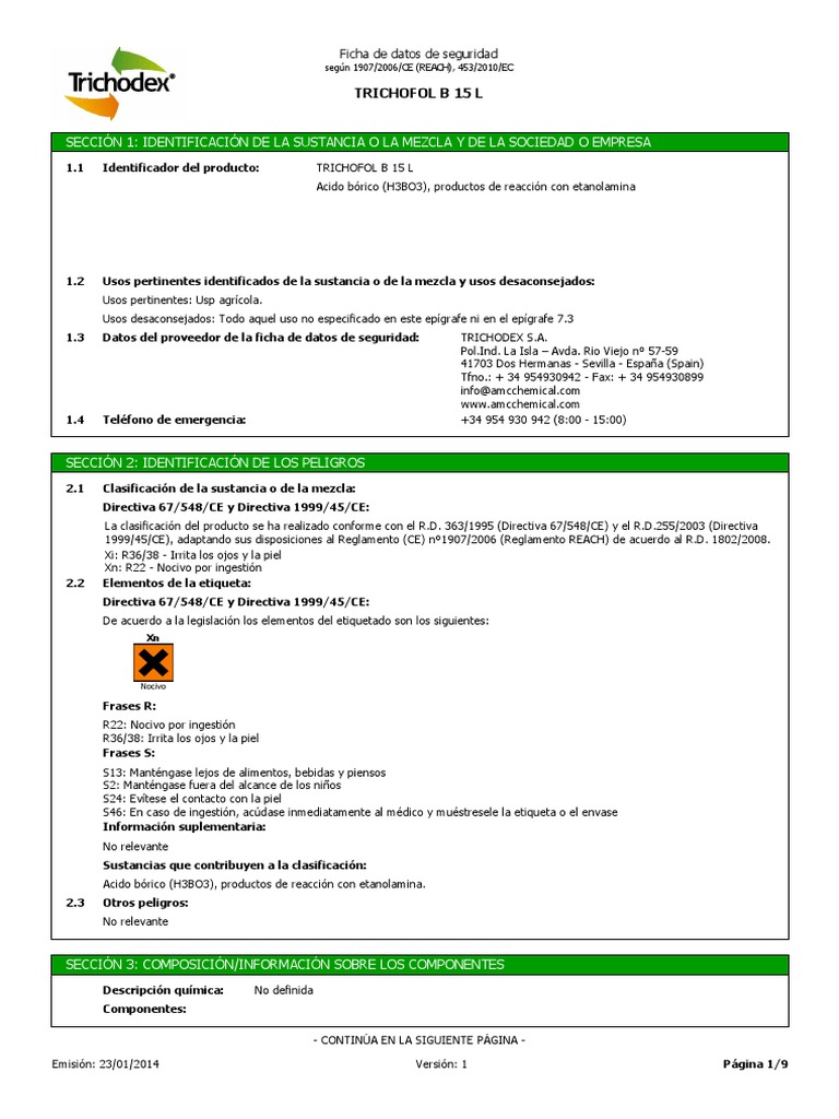 TRICHOFOL B 15 L: Ficha de Seguridad | PDF | Química | Ciencias fisicas