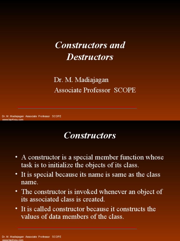Constructors And Destructors Dr M Madiajagan Associate Professor Scope Pdf Constructor
