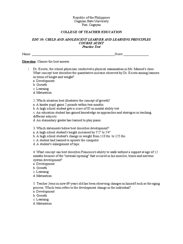 Edu 30: Child and Adolescent Learner and Learning Principles Course ...