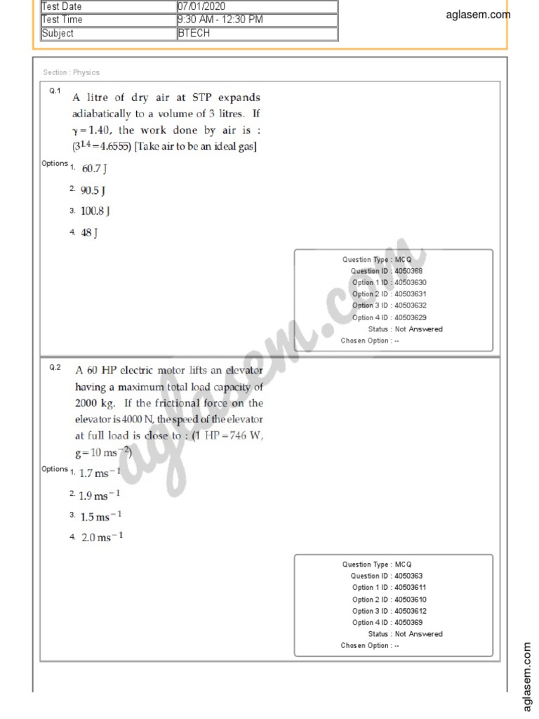 JEE Main 2020 Question Paper 07 Jan Shift 1 B.Tech | PDF | Multiple ...