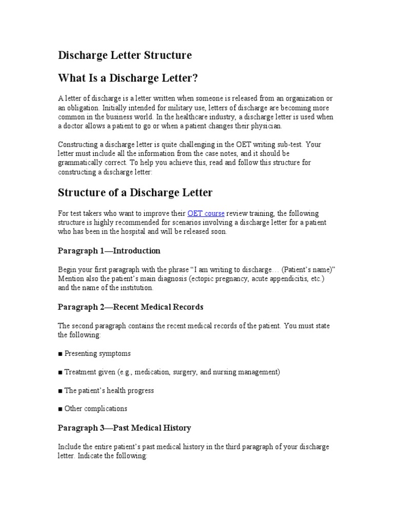 Discharge Letter Structure What Is A Discharge Letter?: Paragraph 1 ...