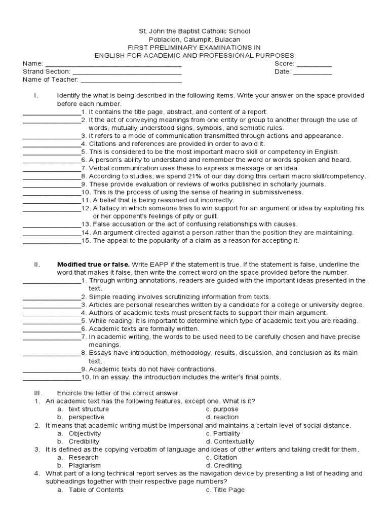 Sample Preliminary Examinations in English for Academic and ...