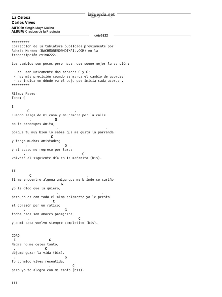 LA CELOSA, Carlos Vives - Acordes | PDF | Entretenimiento (general)