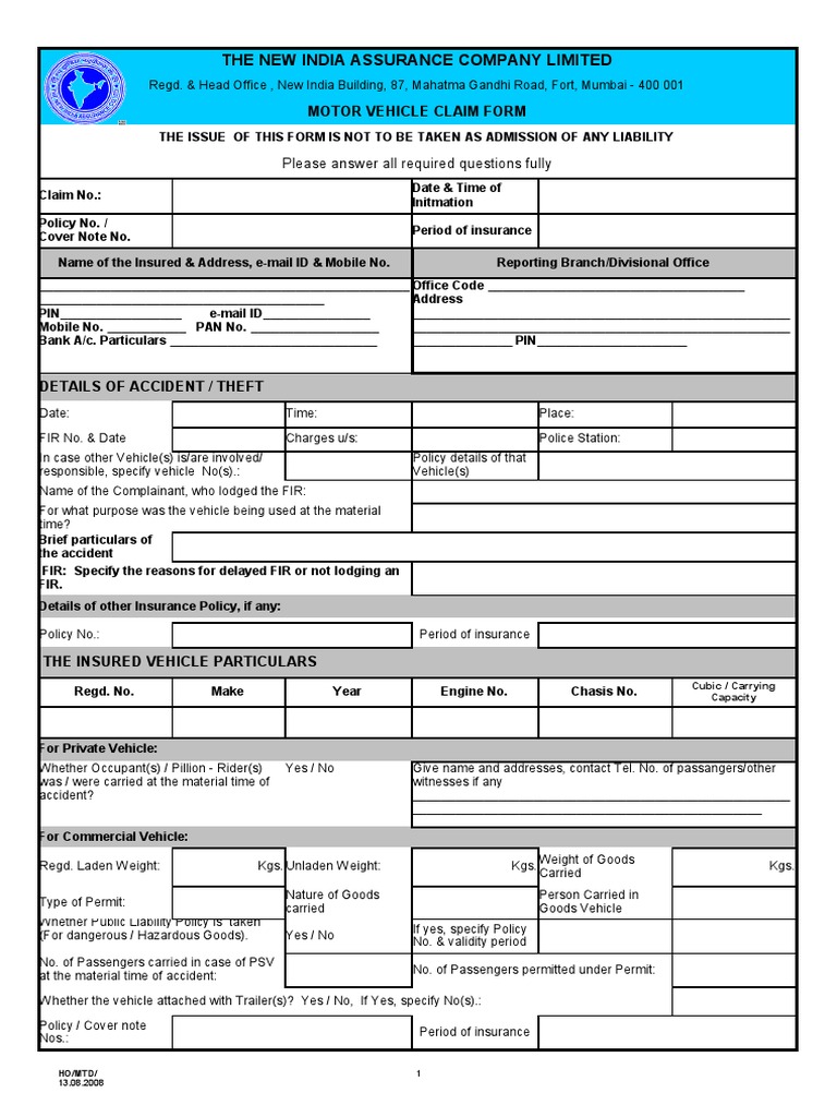 The New India Assurance Motor Vehicle Claim Form Details | PDF | Driver ...