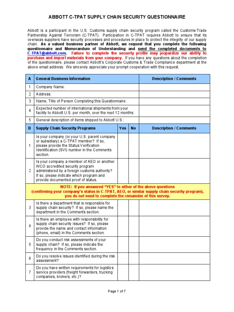 Abbott Requires Suppliers to Complete C-TPAT Security Questionnaire to ...