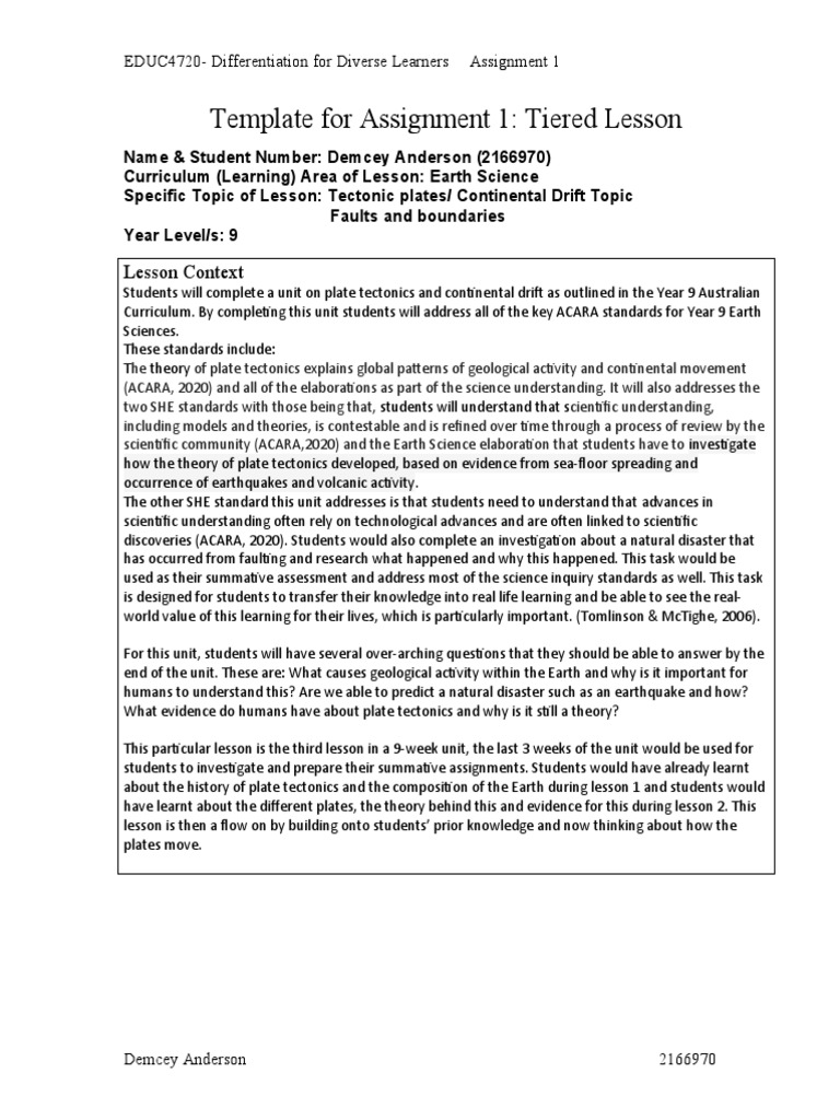 Assignment 1 Tiered Lesson Template Demcey | PDF | Plate Tectonics ...