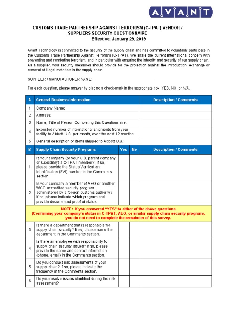 C-TPAT Supplier Questionnaire 2014 | PDF | Security Guard | Supply Chain