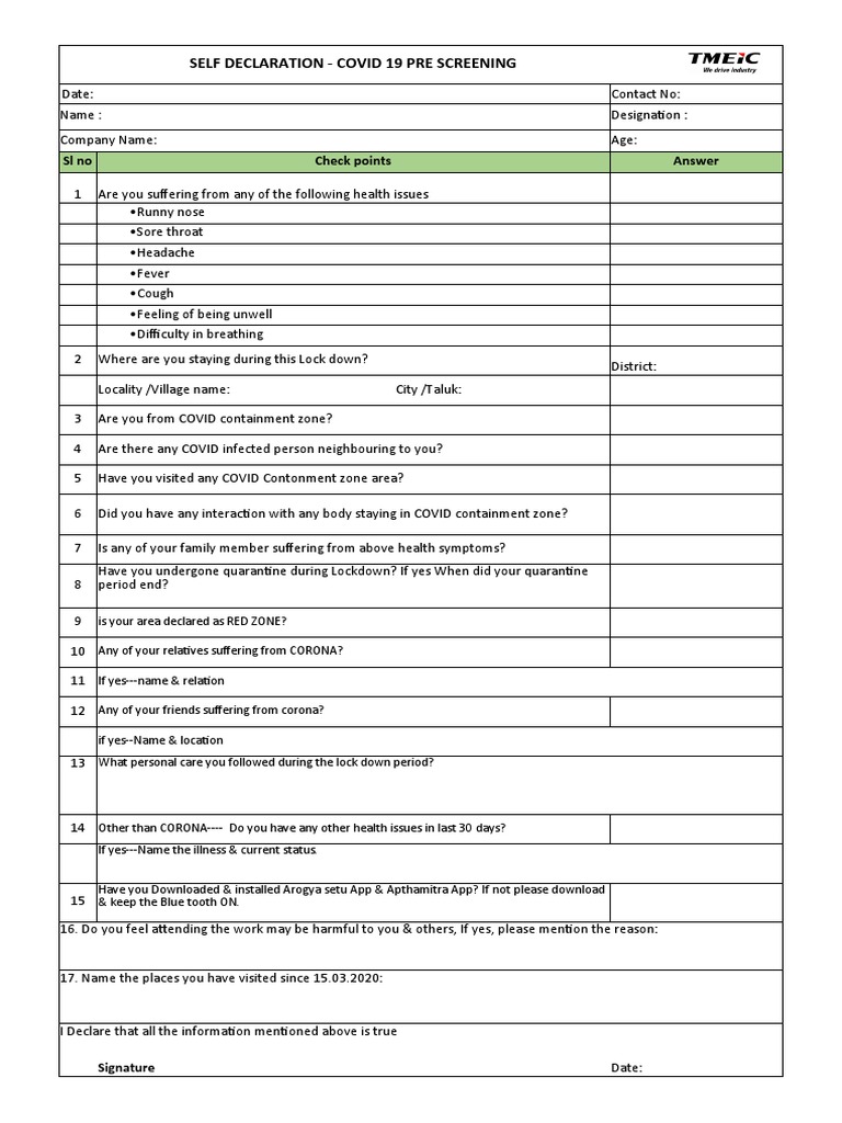 Self Declaration For Guest | PDF