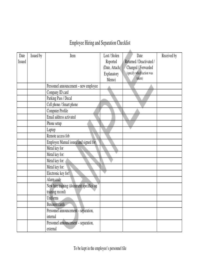 Employee Hiring and Separation Checklist: (Specify Which Action Was ...