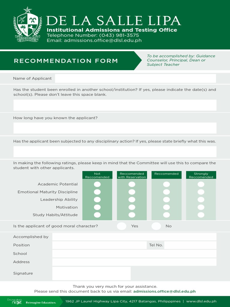 Recommendation Form: Institutional Admissions and Testing Office | PDF