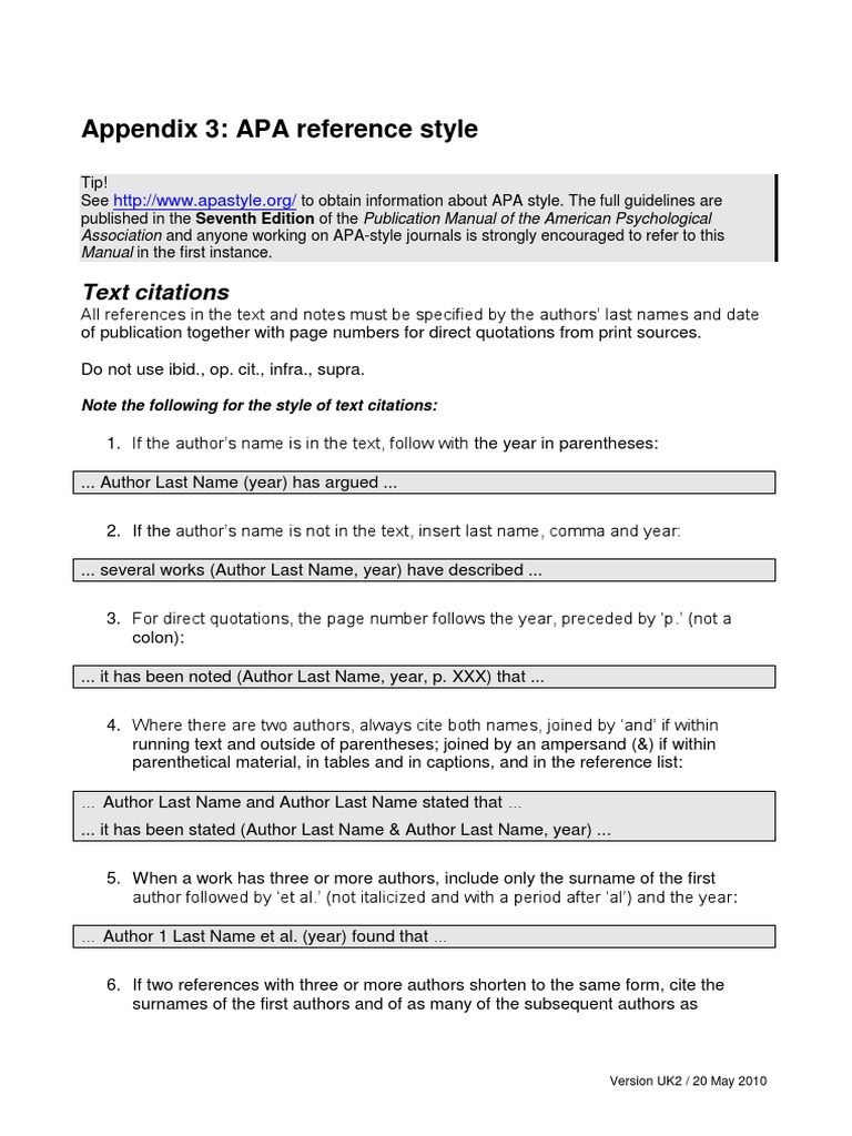 Appendix 3: APA Reference Style: Text Citations | PDF | Apa Style ...