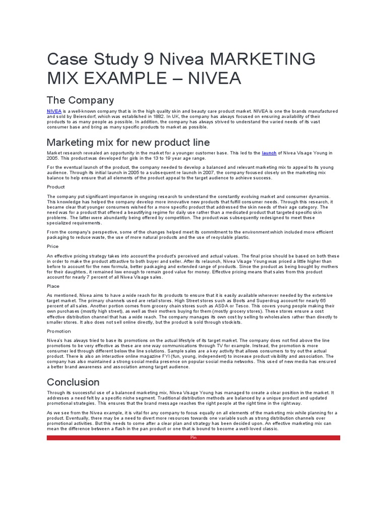 Case Study 9 Nivea MARKETING MIX EXAMPLE | PDF | Retail | Marketing