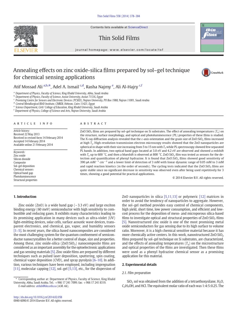 Thin Solid Films: Atif Mossad Ali, Adel A. Ismail, Rasha Najmy, Ali Al-Hajry | PDF | Zinc Oxide ...