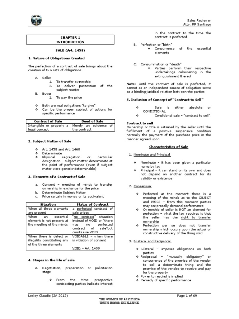 (Lesley Claudio) Sales Finals Reviewer - Santiago | PDF | Ratification | Lease