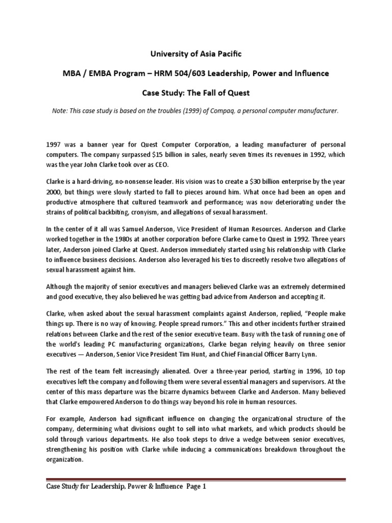 Case Study Fall of Quest - Leadership Power & Influence | PDF | Human ...