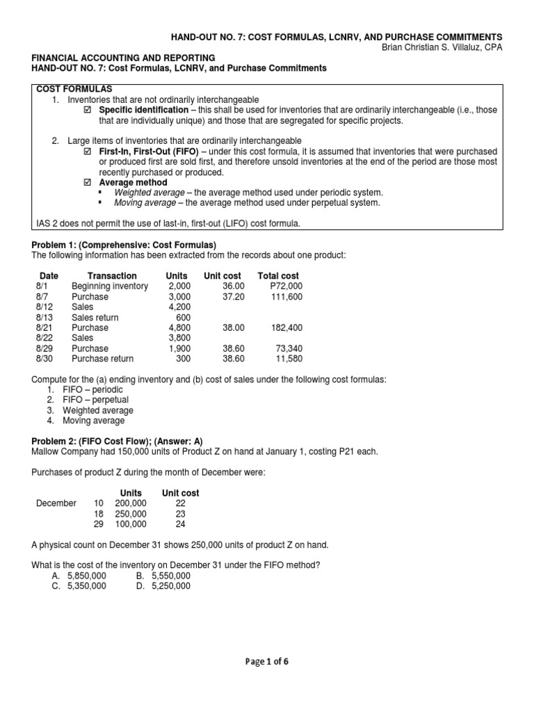 7 Cost Formulas and LCNRV | Download Free PDF | Inventory | Management ...