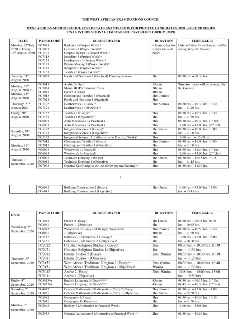 Wassce Timetable | PDF