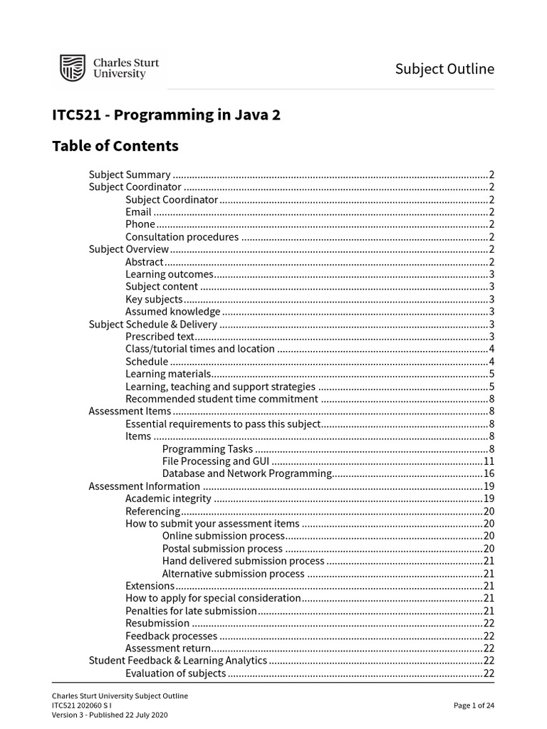 ITC521 - Programming in Java 2: Subject Outline | PDF | Books | Java (Programming Language)