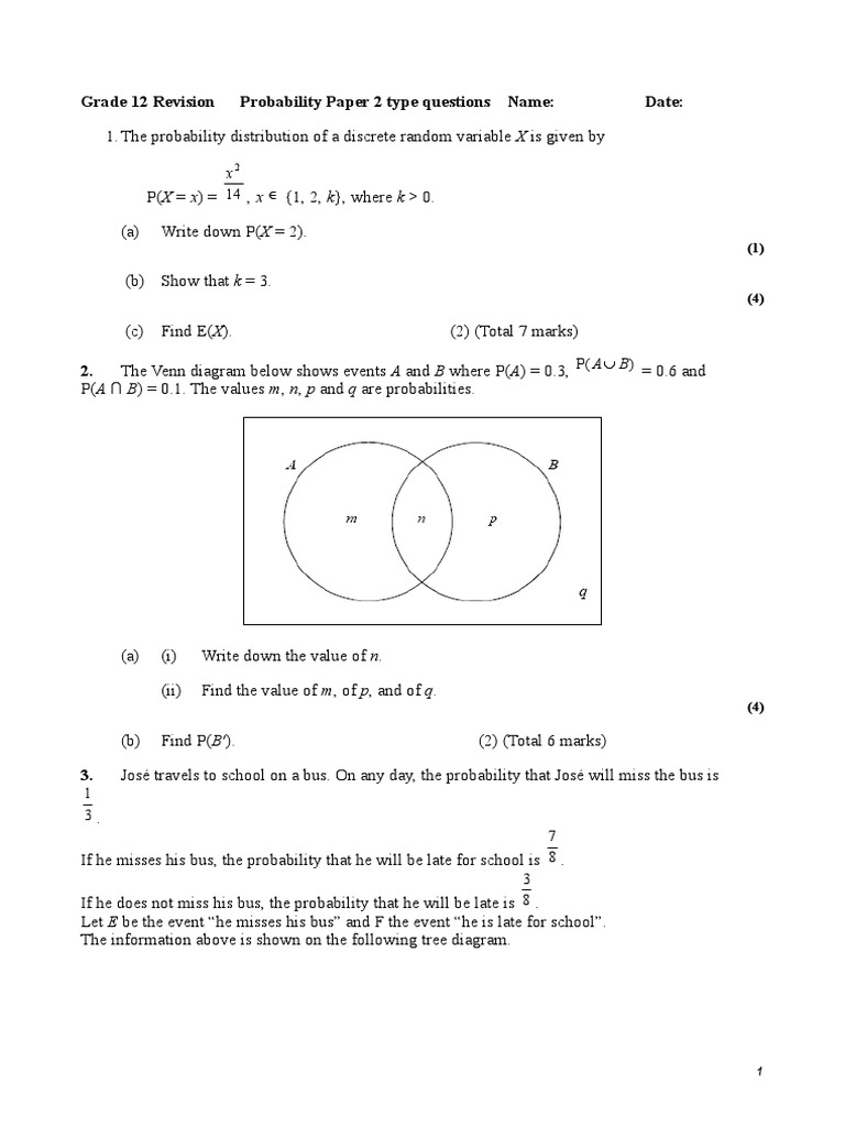Grade 12 Probability Revision Questions | PDF | Mean | Standard Deviation