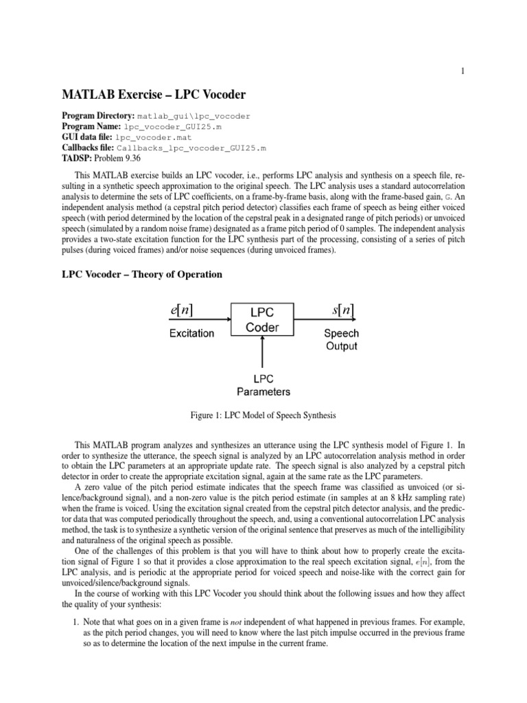 MATLAB Exercise - LPC Vocoder | Download Free PDF | Speech Synthesis | Synthesizer